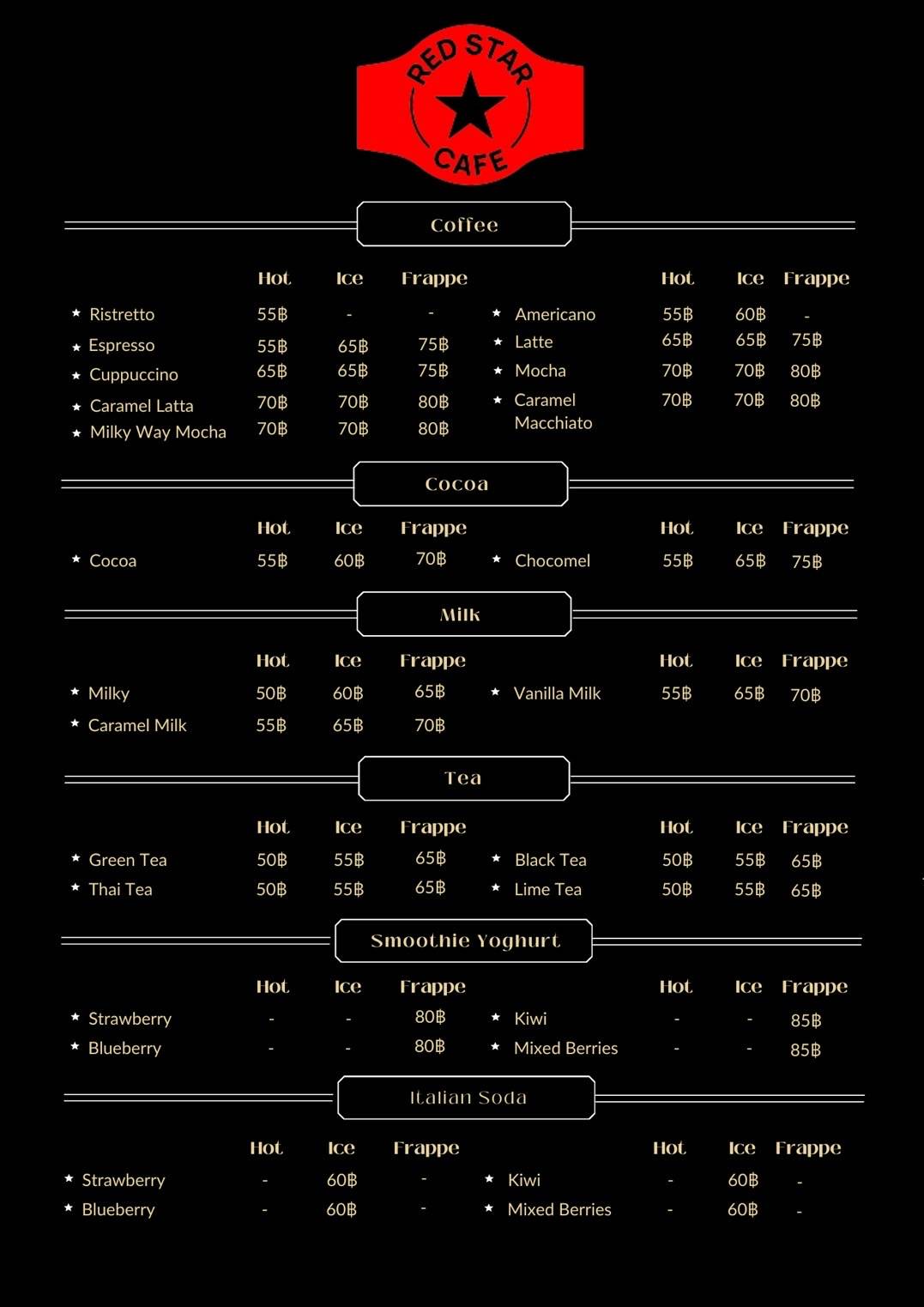 Menu at Red Star Cafe, Khon Kaen