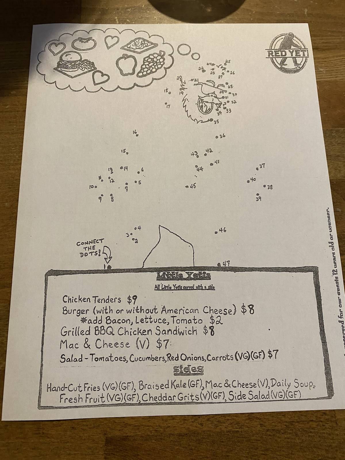 Menu at Red Yeti pub & bar, Jeffersonville