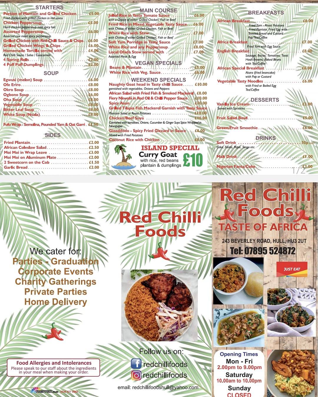 Menu at Red chili foods restaurant, Hull