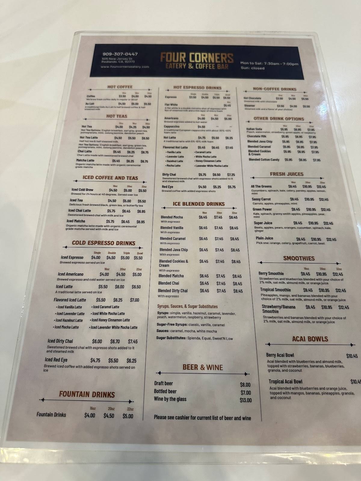 Menu at Four Corners Eatery & Coffee Bar, Redlands, 505 New Jersey St