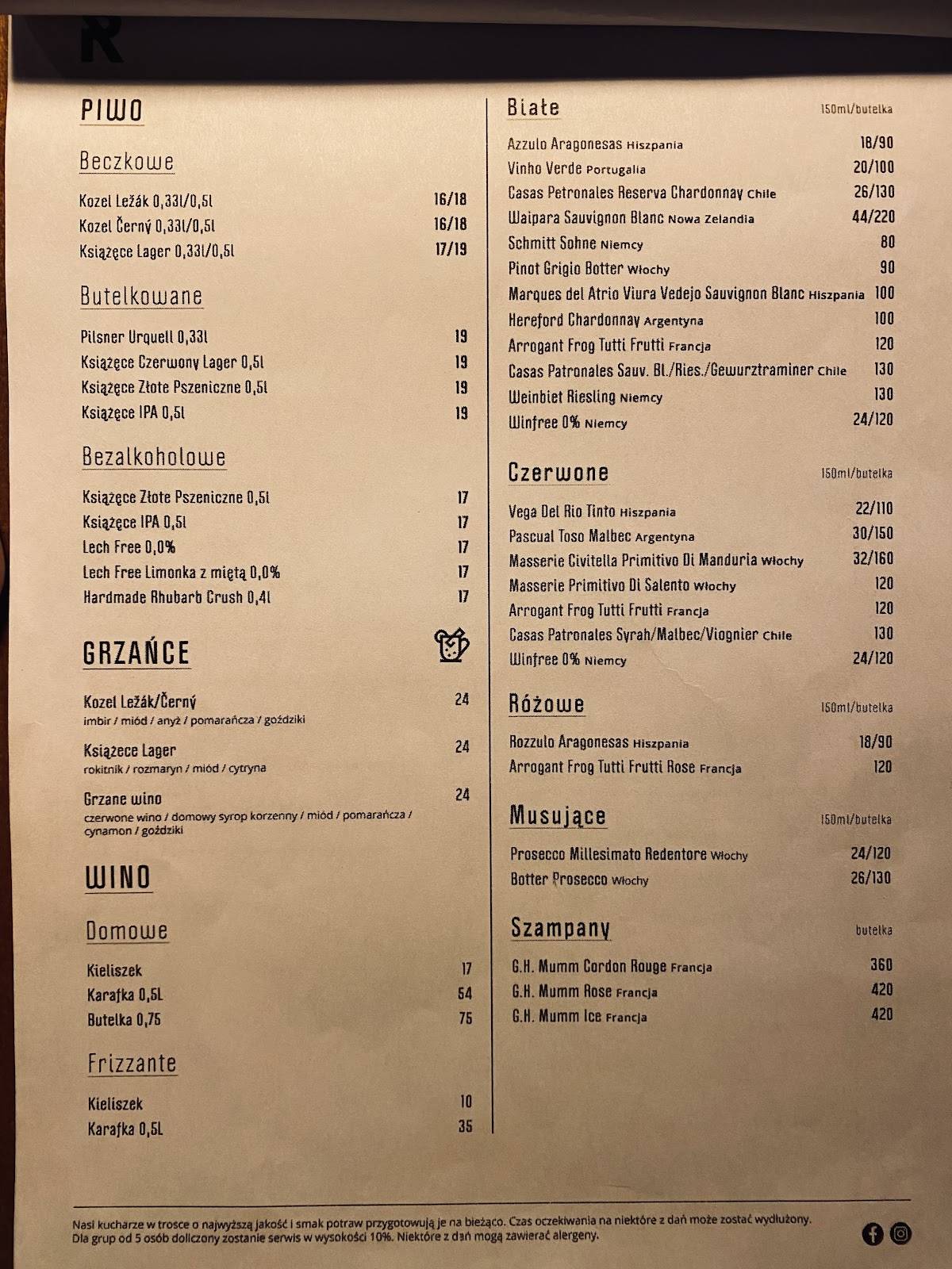 Menu at Reforma Urban restaurant, Warsaw