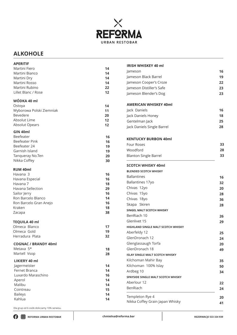 Menu at Reforma Urban restaurant, Warsaw