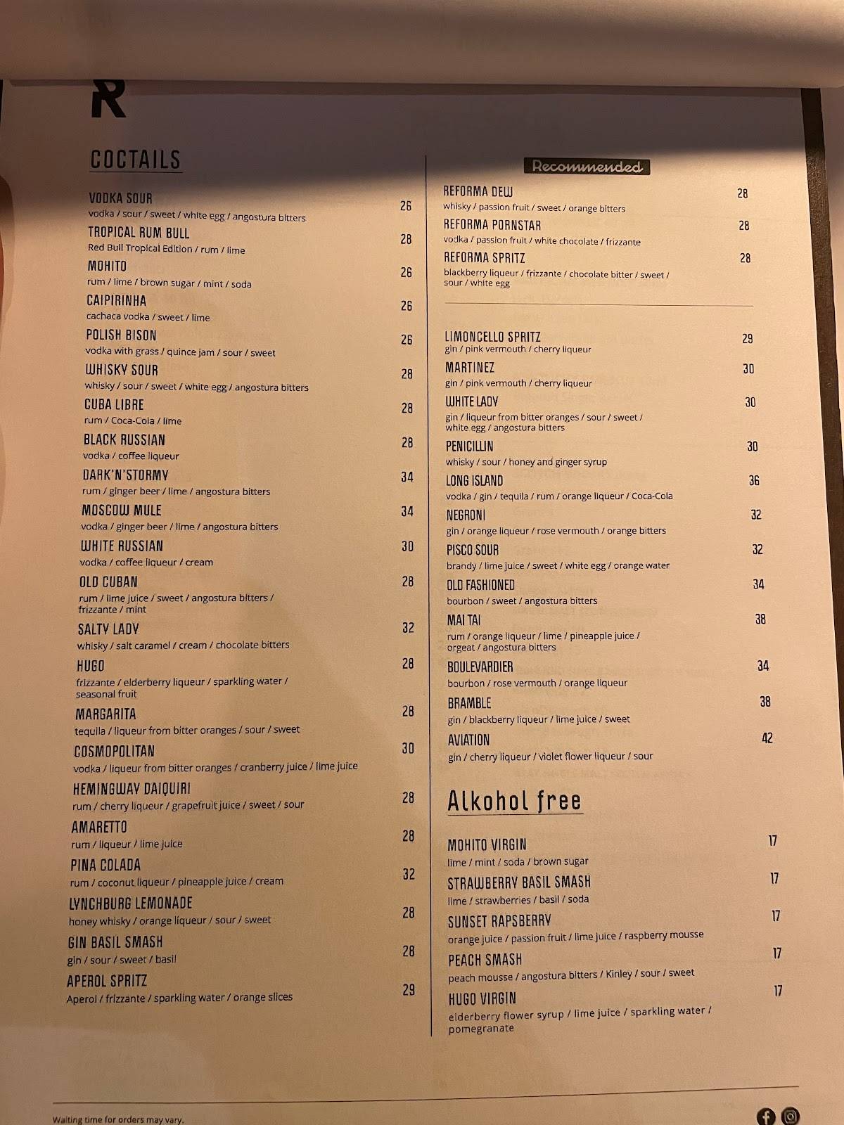 Menu at Reforma Urban restaurant, Warsaw