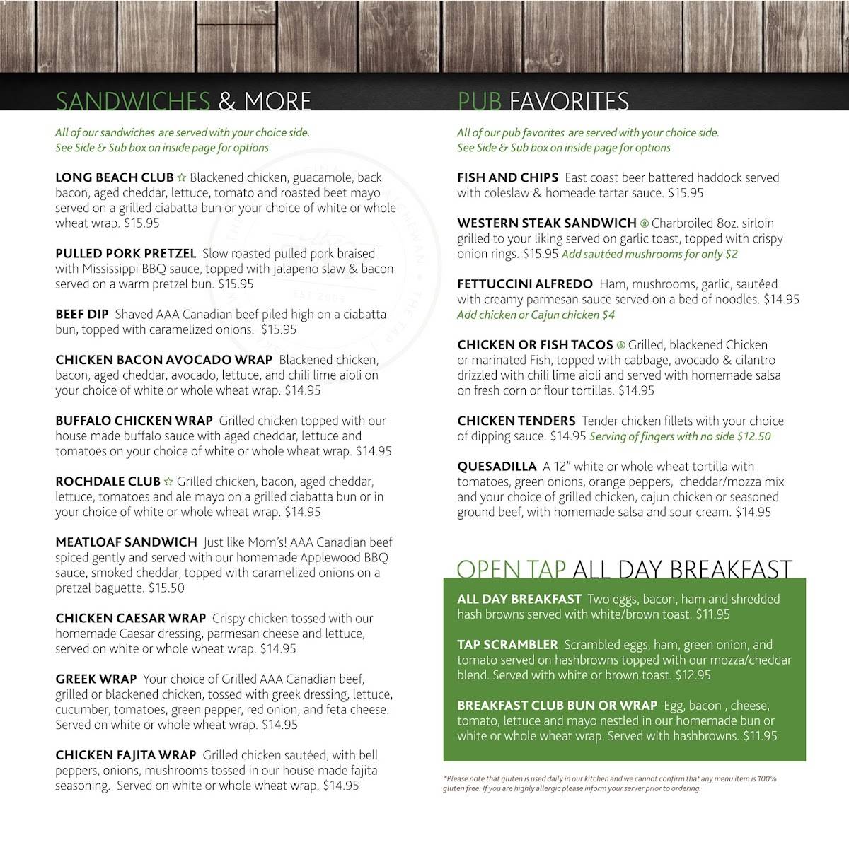 Menu at The Tap Brewhouse pub & bar, Regina