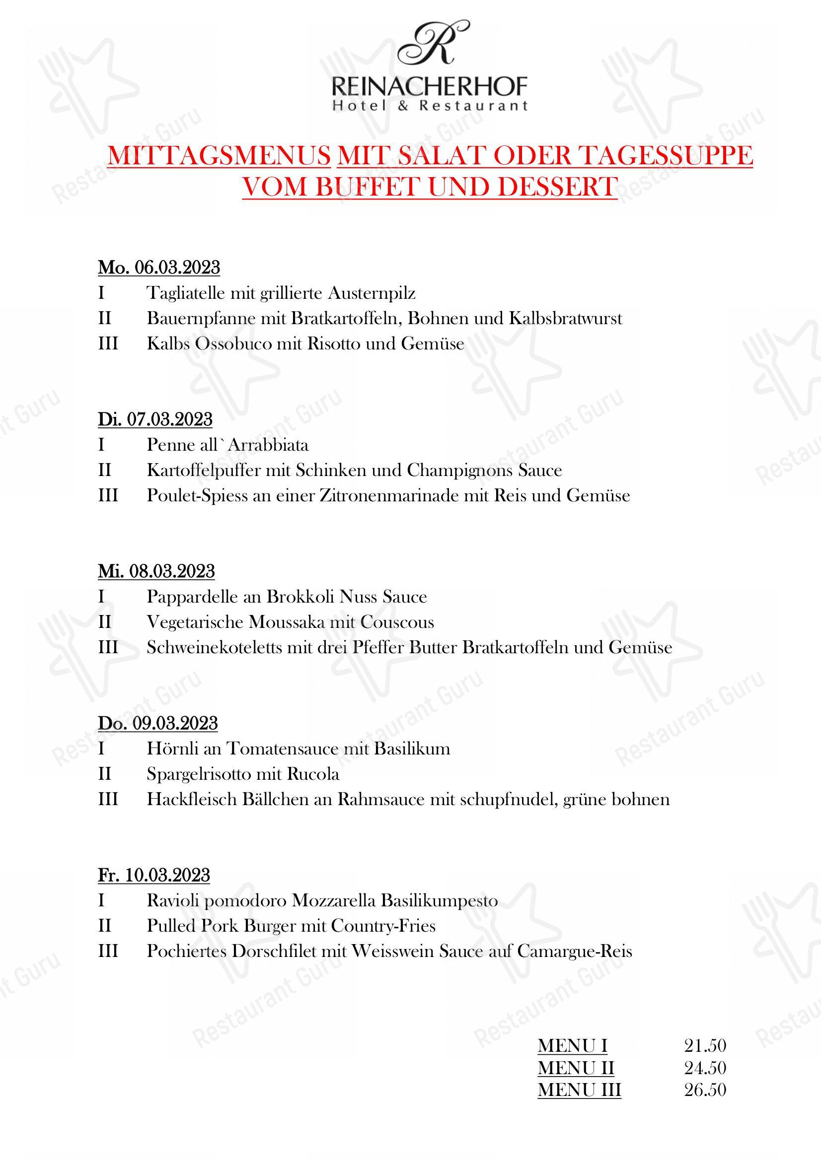 Speisekarte von Restaurant Reinacherhof, Reinach