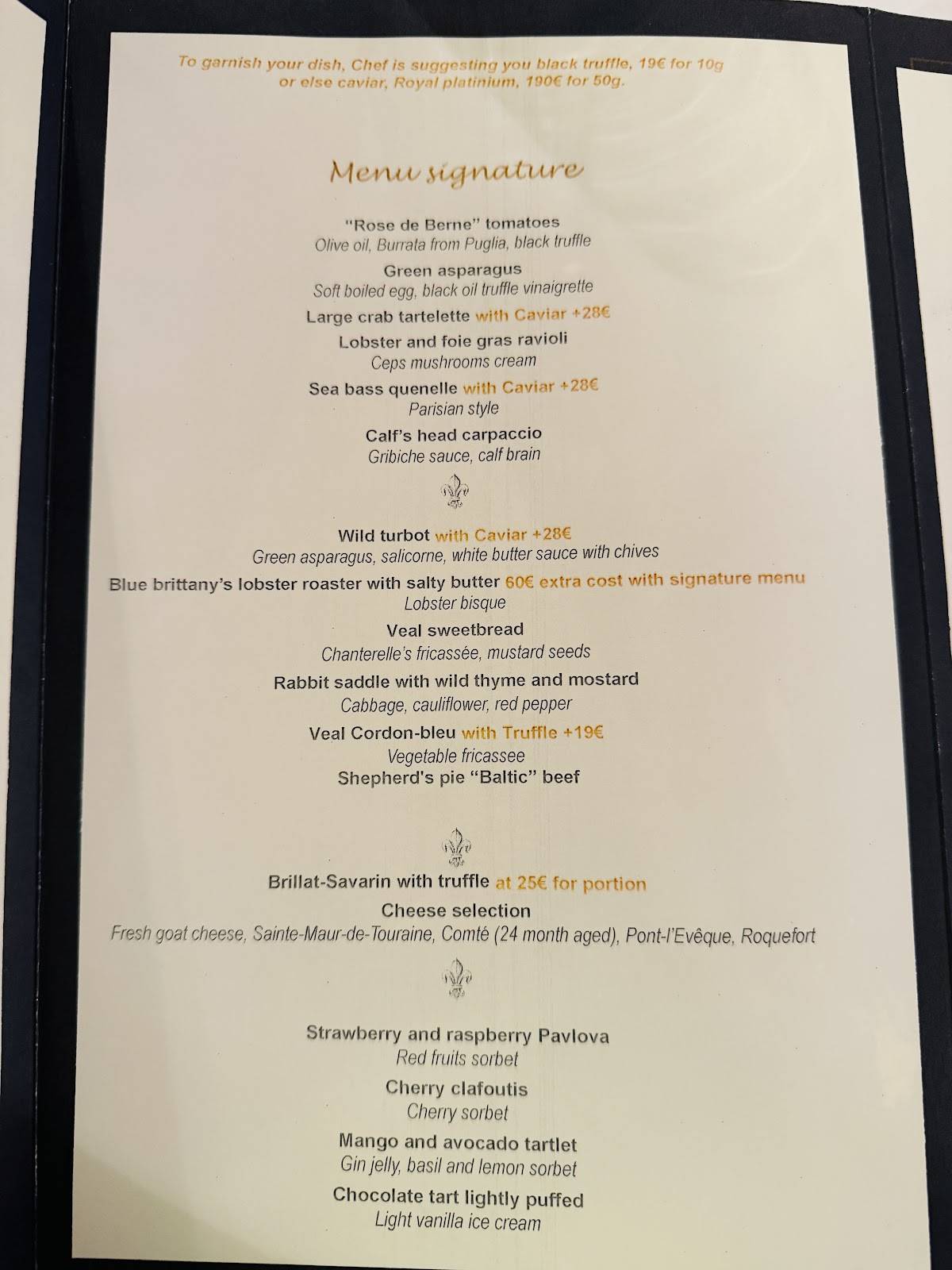 Menu at Relais Louis XIII restaurant, Paris