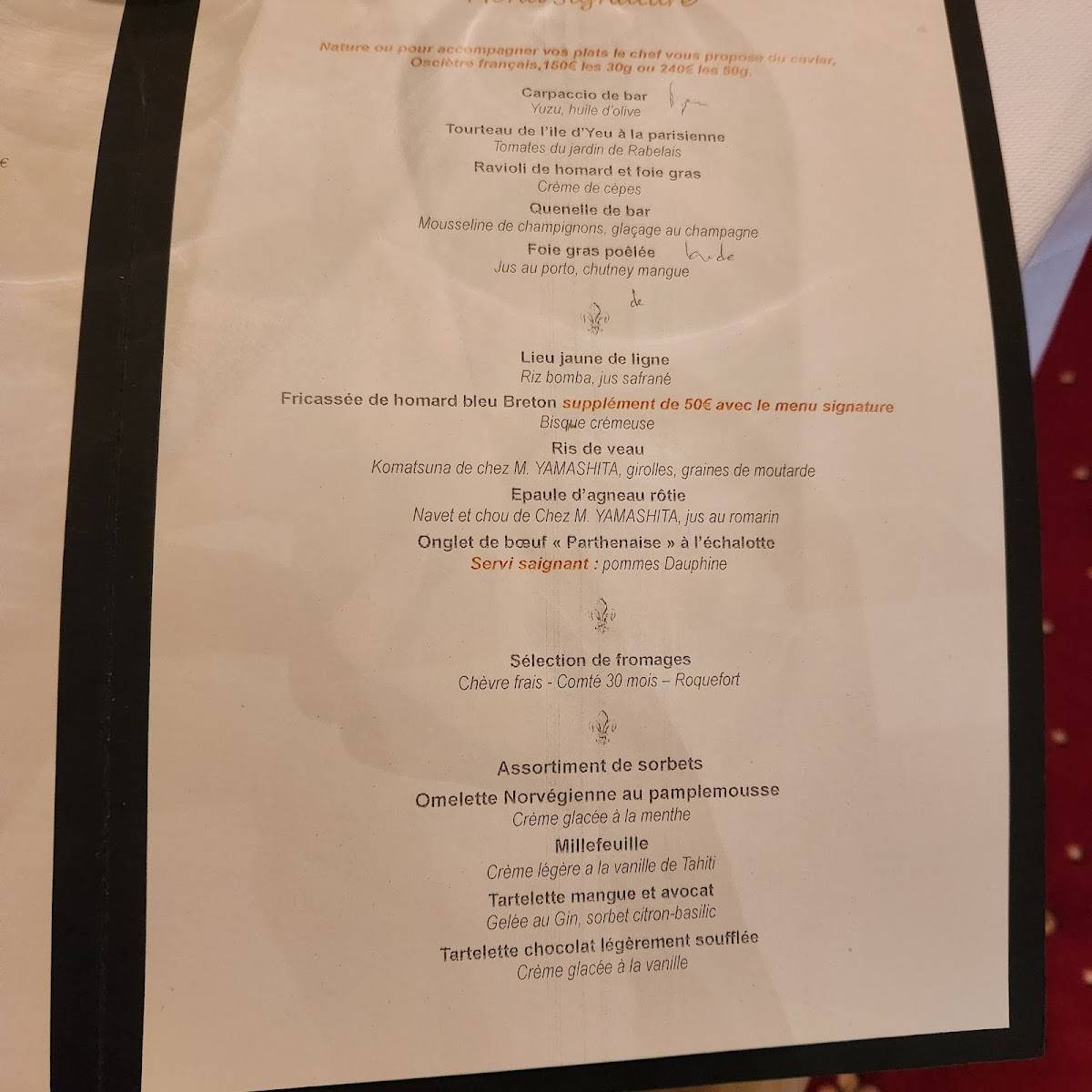 Menu au Relais Louis XIII restaurant, Paris