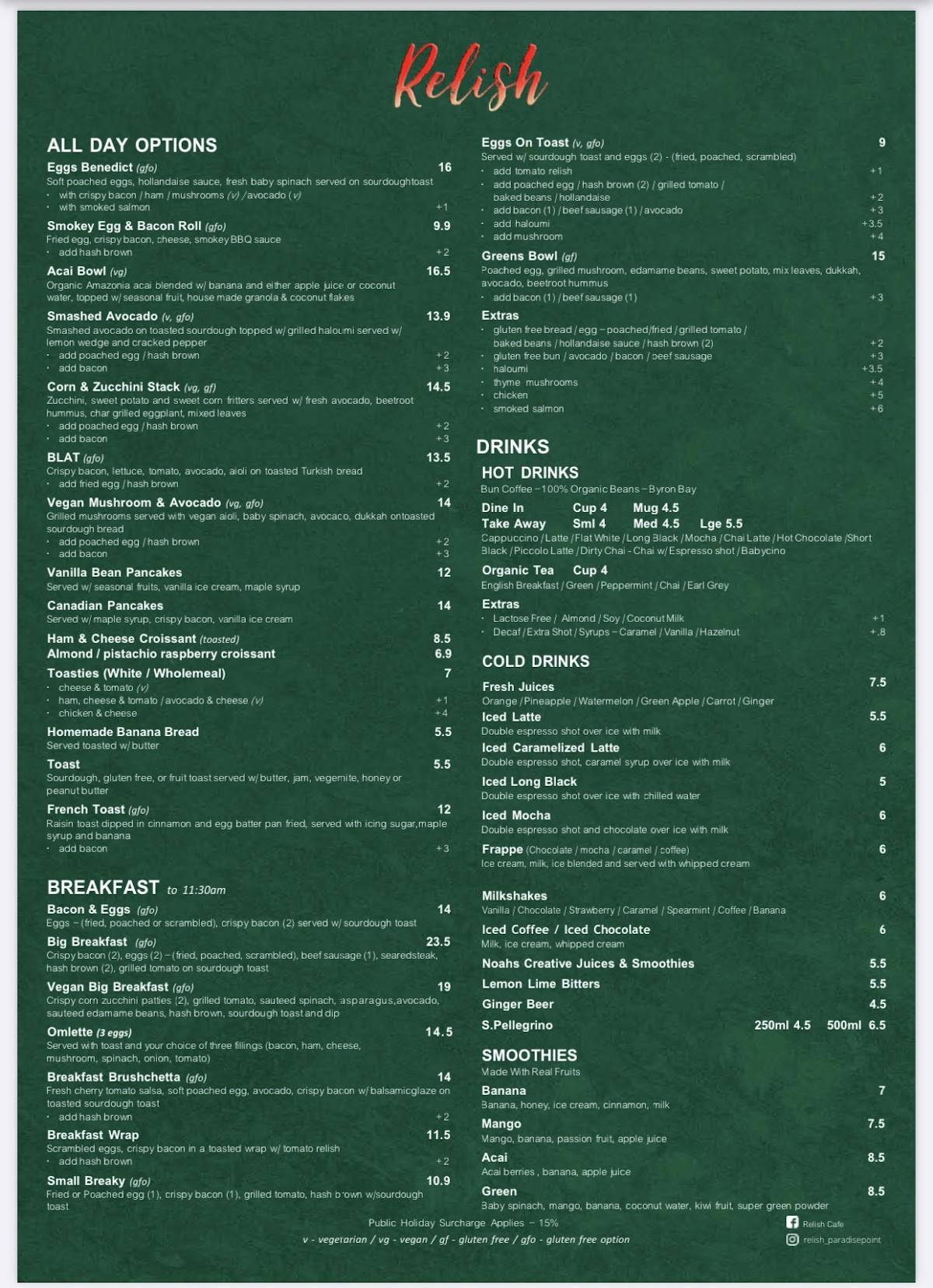 Menu at Relish Cafe, Paradise Point
