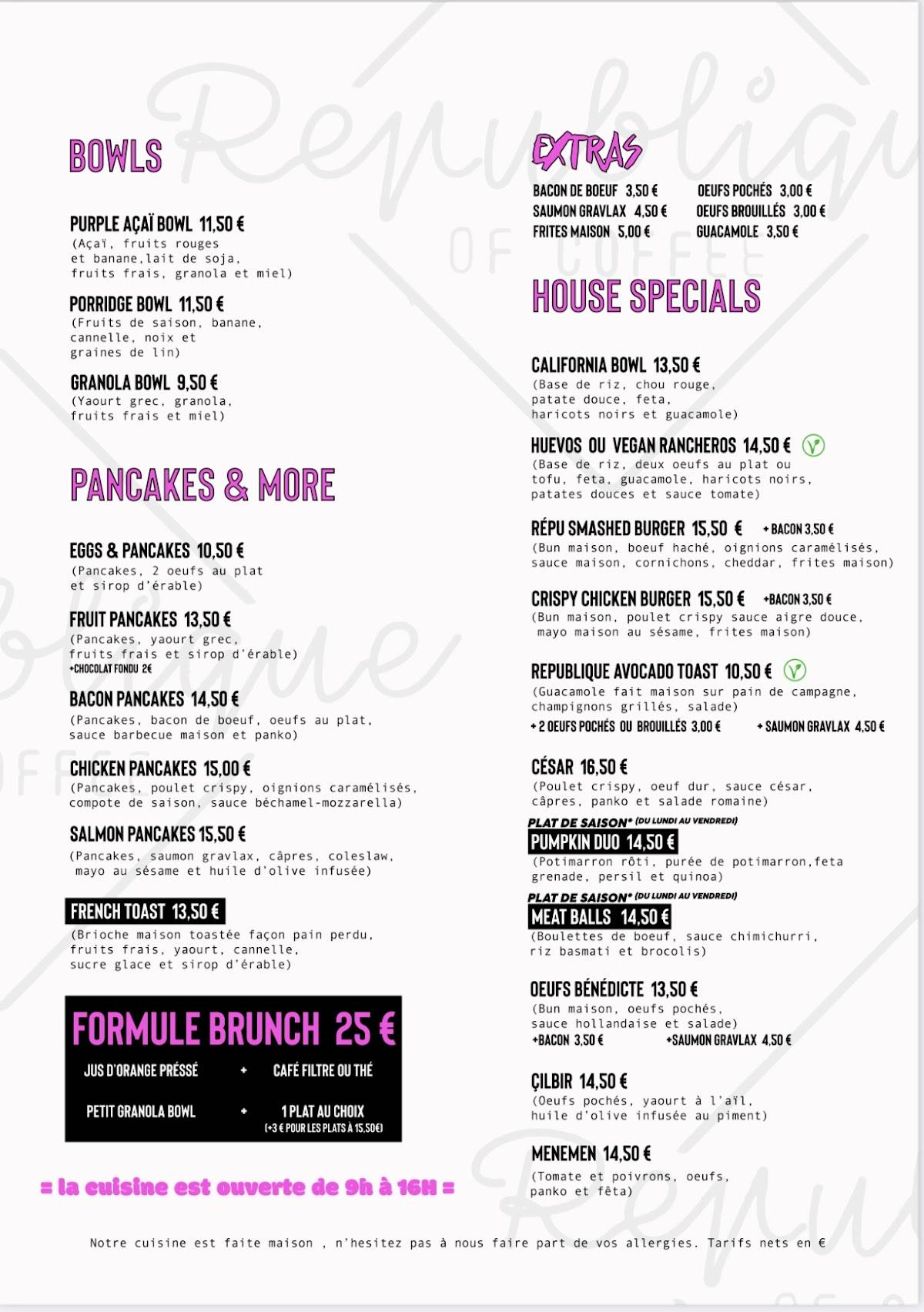 Menu at République of Coffee, Paris, 2 Bd Saint-Martin