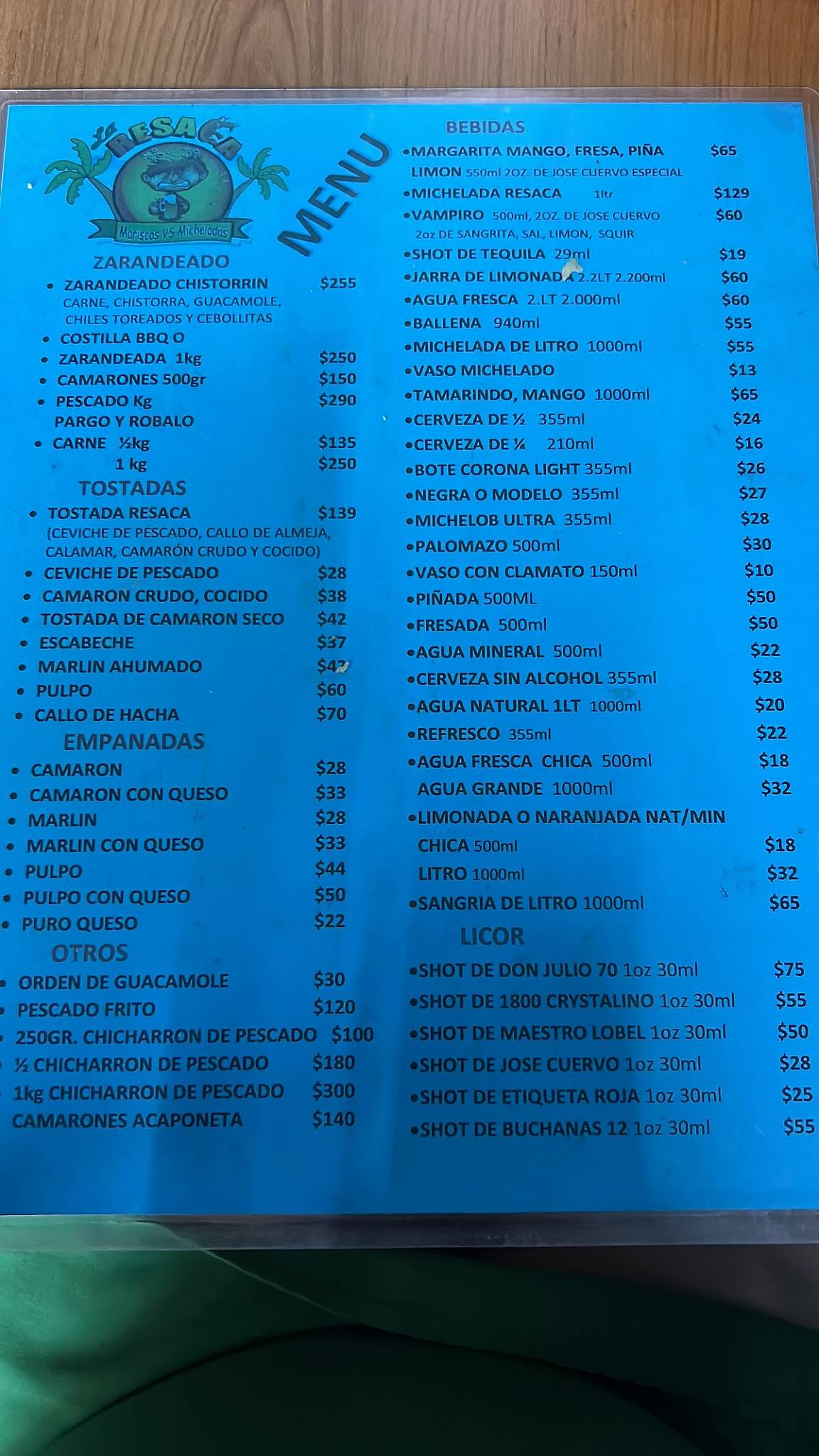 Carta del restaurante Resaca Mariscos vc micheladas, Tepic