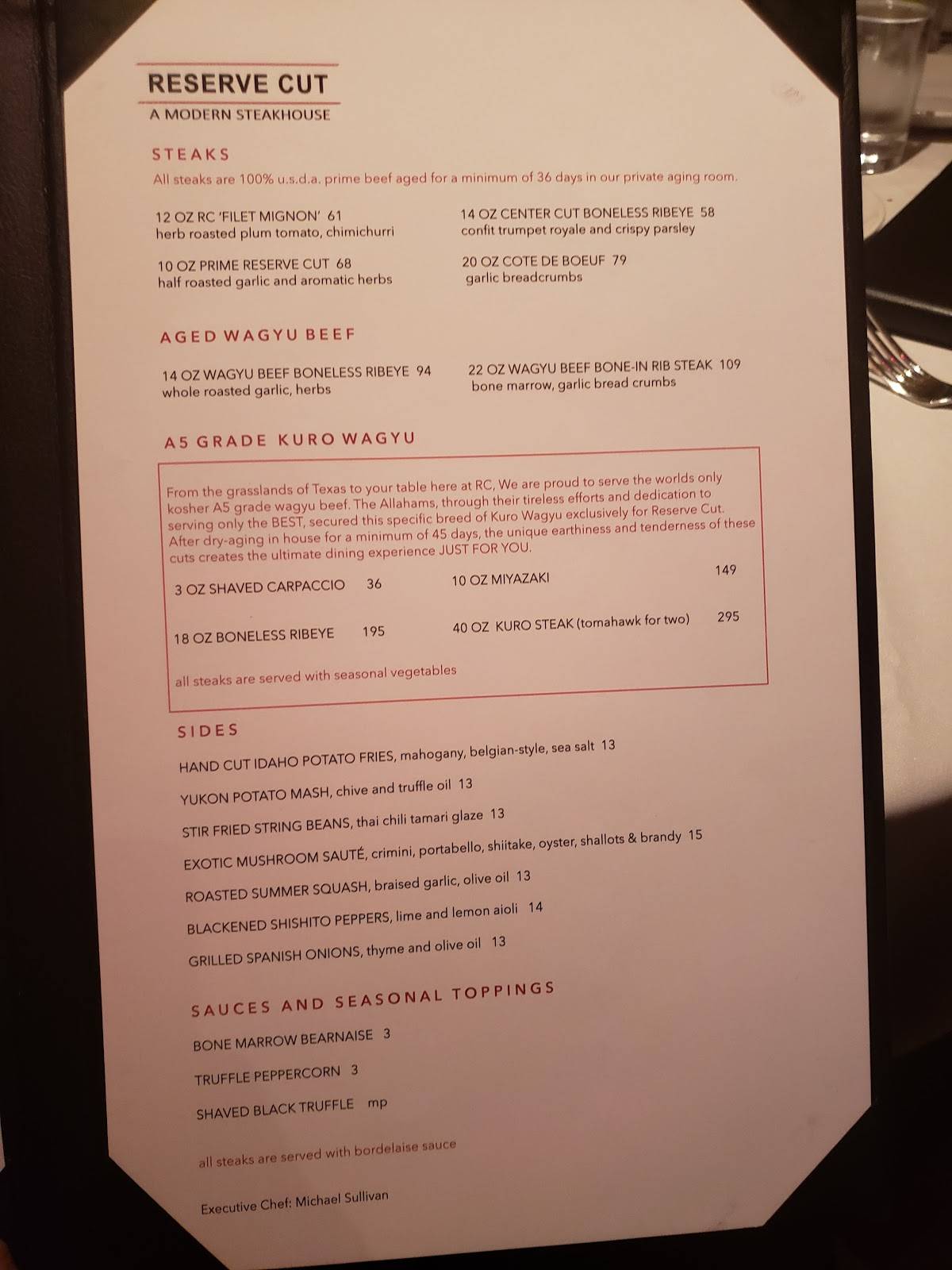 Menu at Reserve Cut steakhouse, New York City