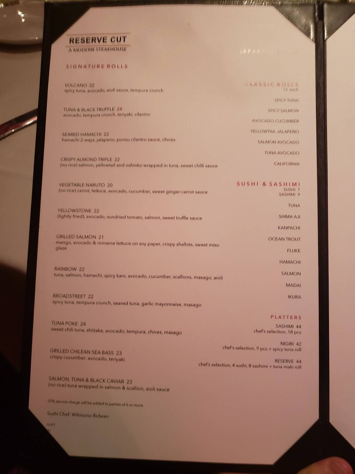 Menu at Reserve Cut steakhouse, New York City