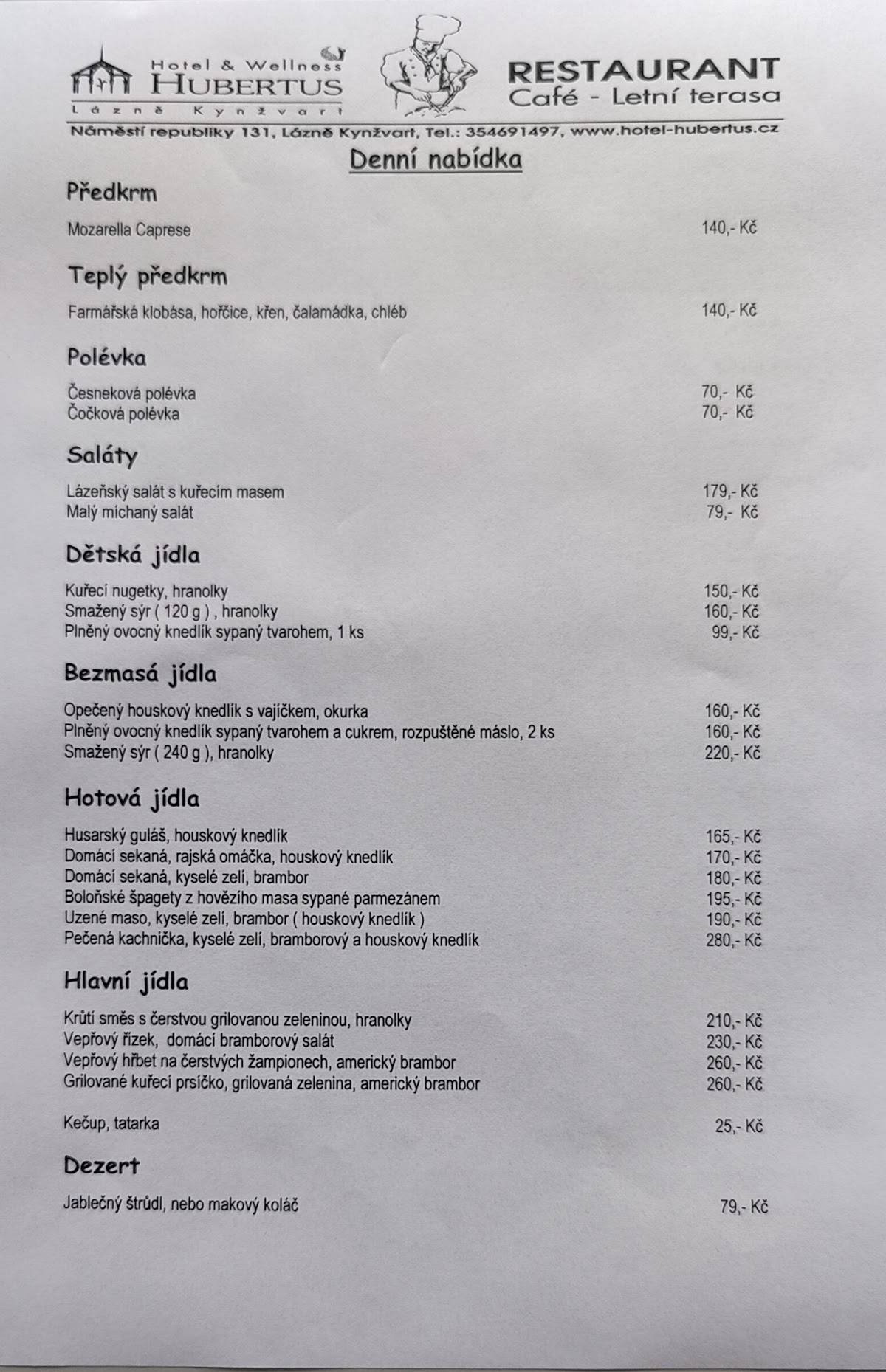 Menu at Restaurace Hubertus restaurant, Lázně Kynžvart