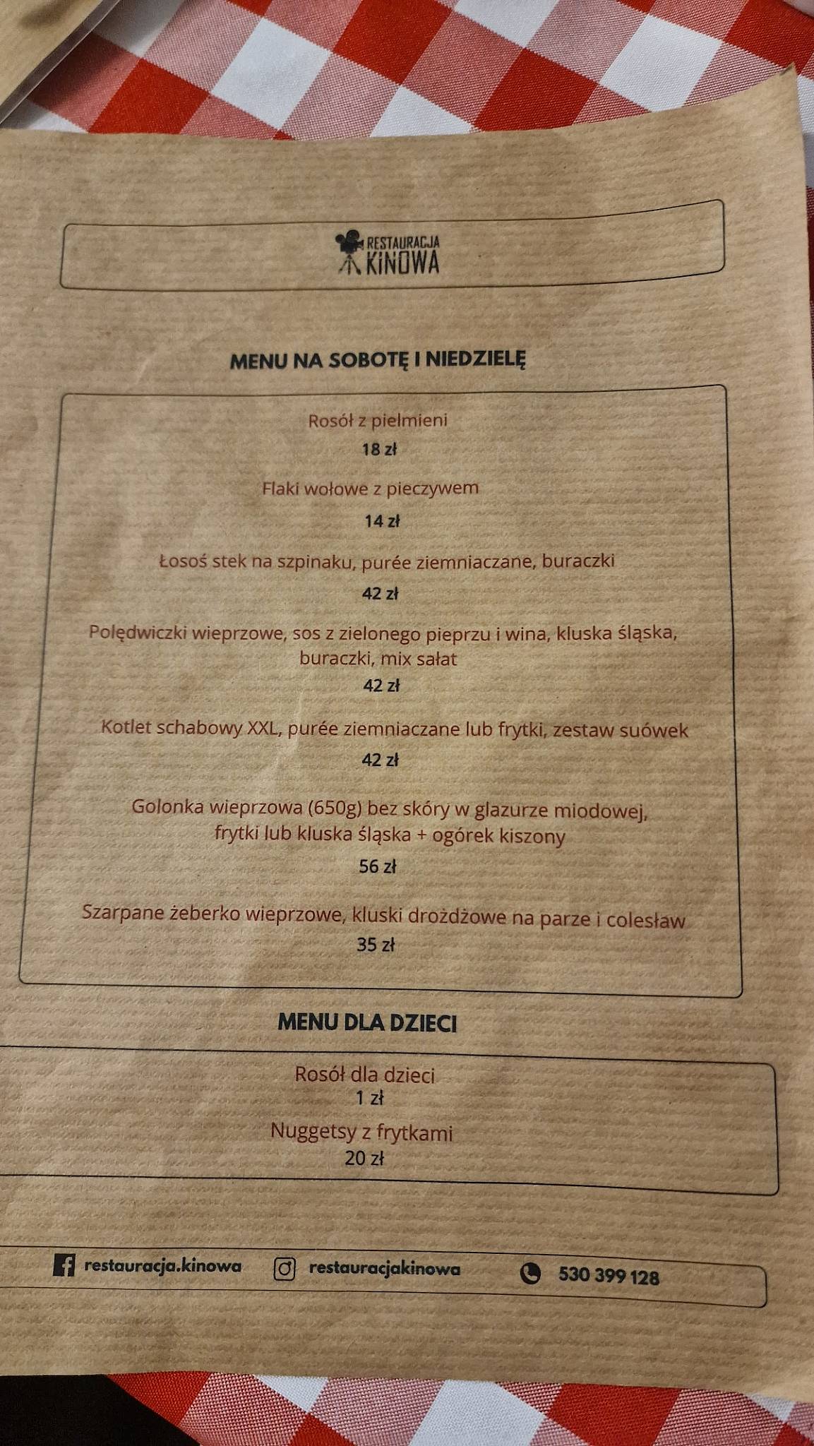 Menu at Restauracja Kinowa, Krasnik