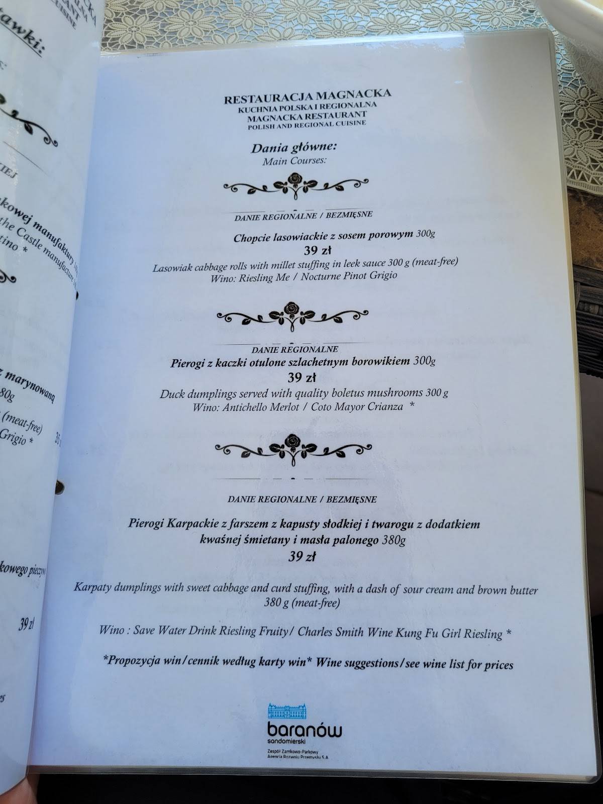 Menu at Restauracja Magnacka, Baranów Sandomierski