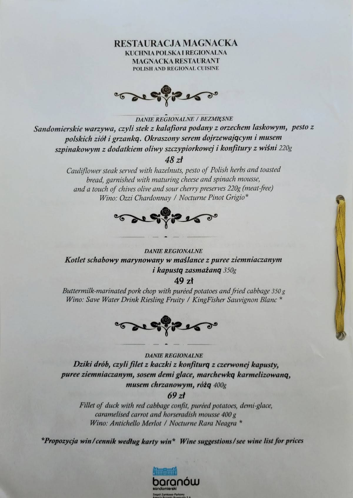 Menu at Restauracja Magnacka restaurant, Baranów Sandomierski