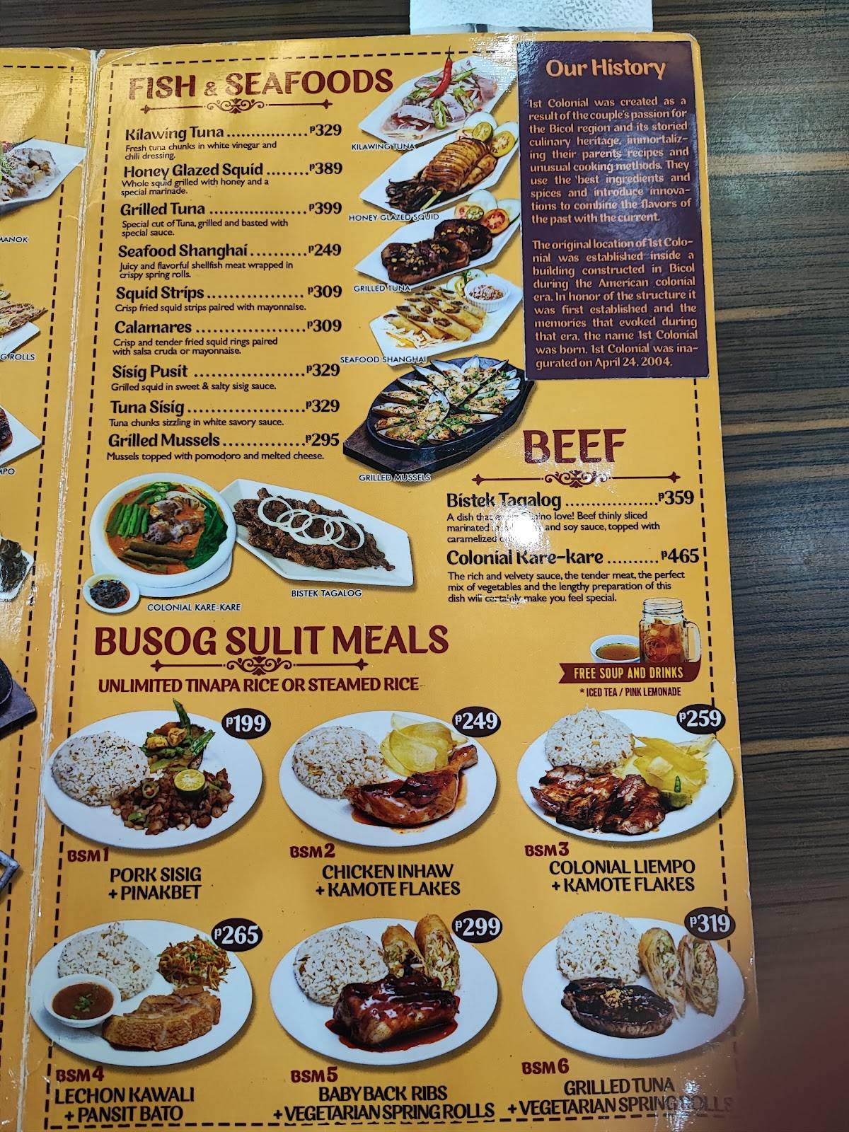 Menu at 1st Colonial Grill restaurant, Legazpi City, 4QW2+62M