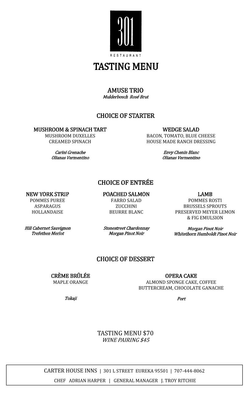 Menu at Restaurant 301, Eureka
