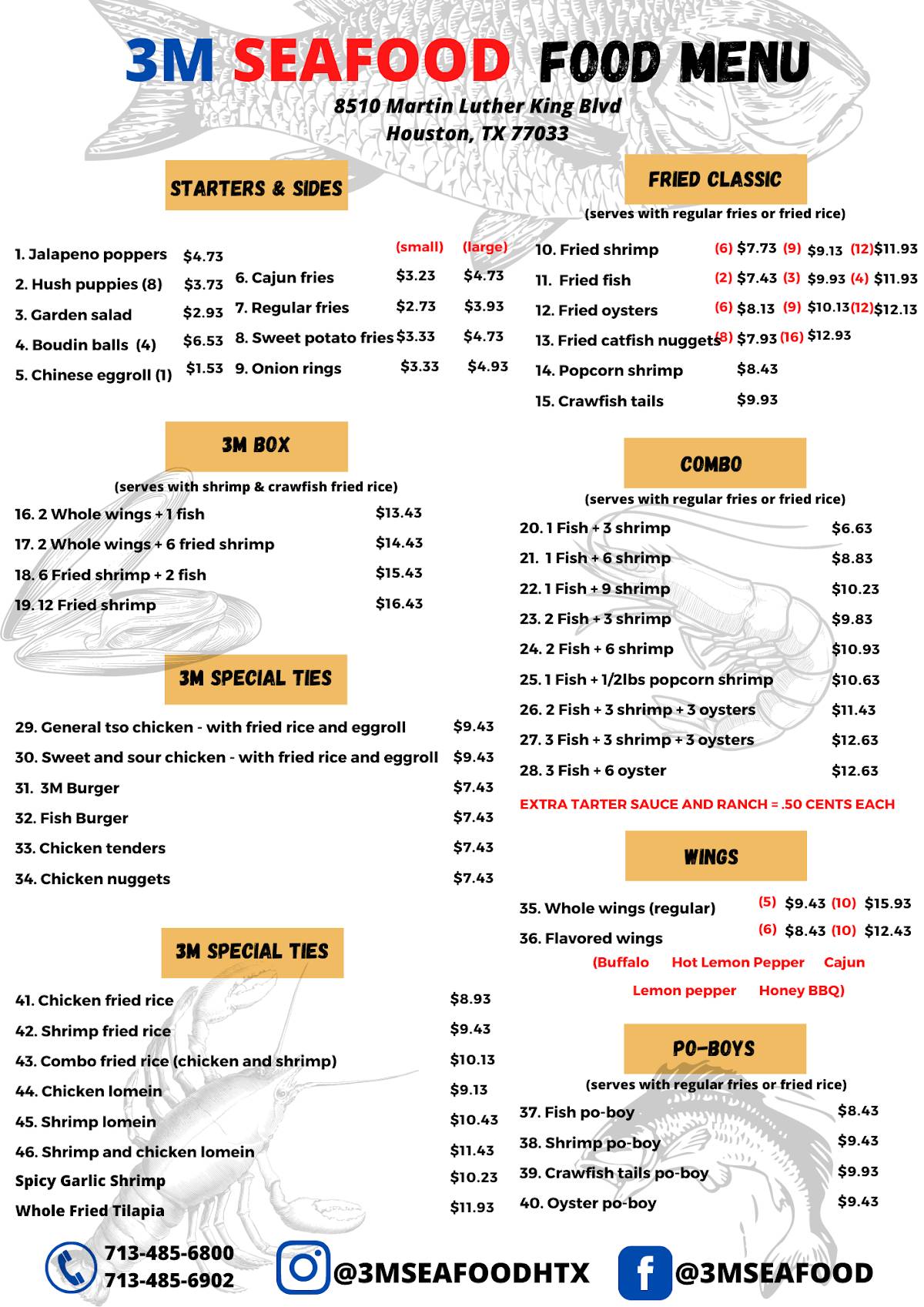 Menu at 3M Seafood restaurant, Houston
