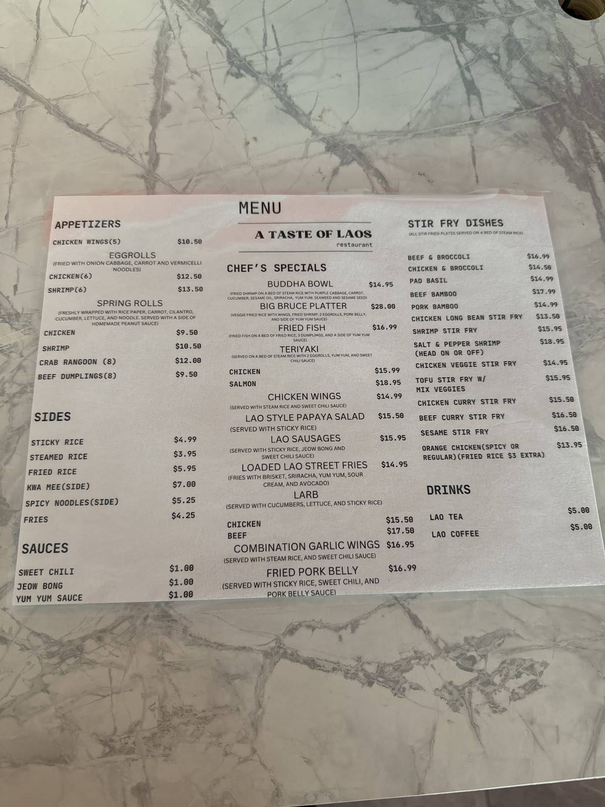Menu at A Taste Of Laos restaurant, Hewitt