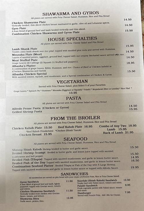 Menu at ALBASHA GREEK & LEBANESE restaurant, Walker