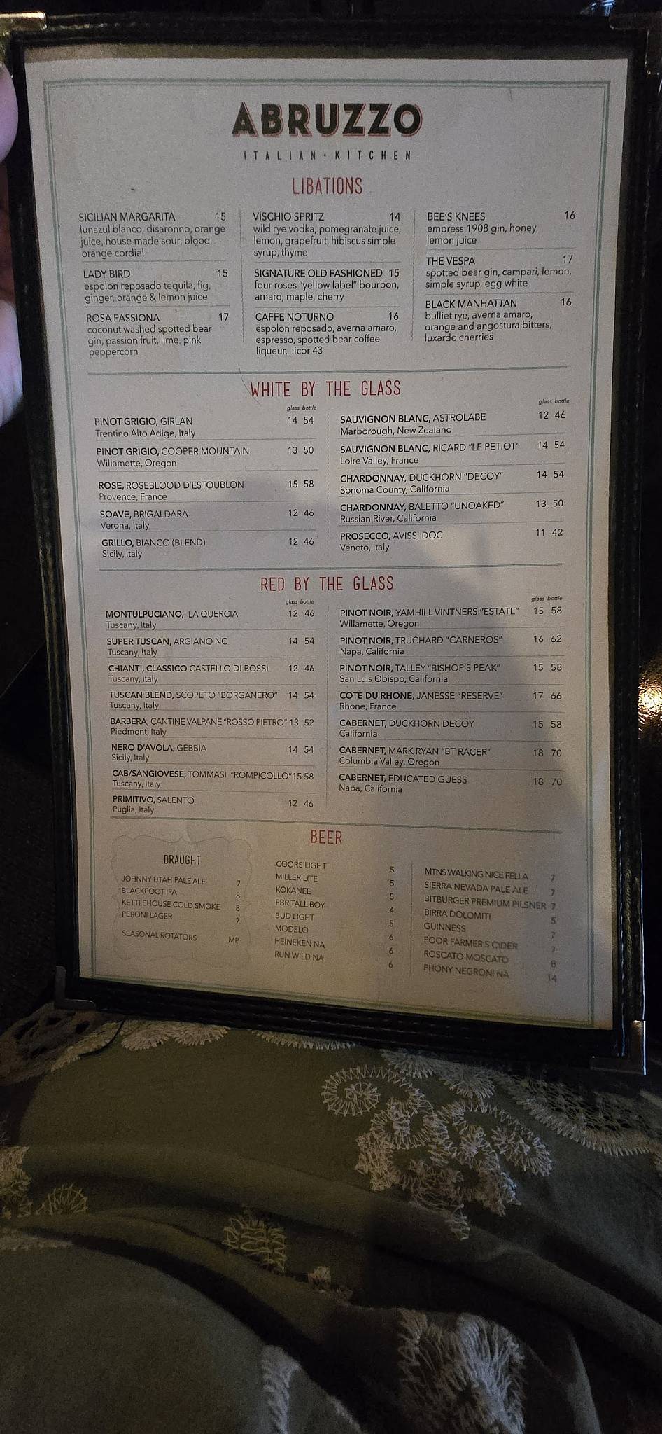 Menu at Abruzzo Italian Kitchen restaurant, Whitefish