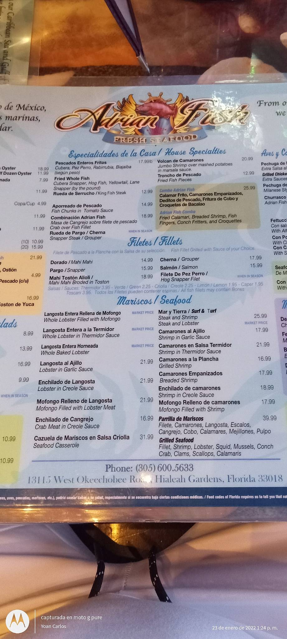 Menu at Adrian Fish Market & Restaurant, Hialeah Gardens