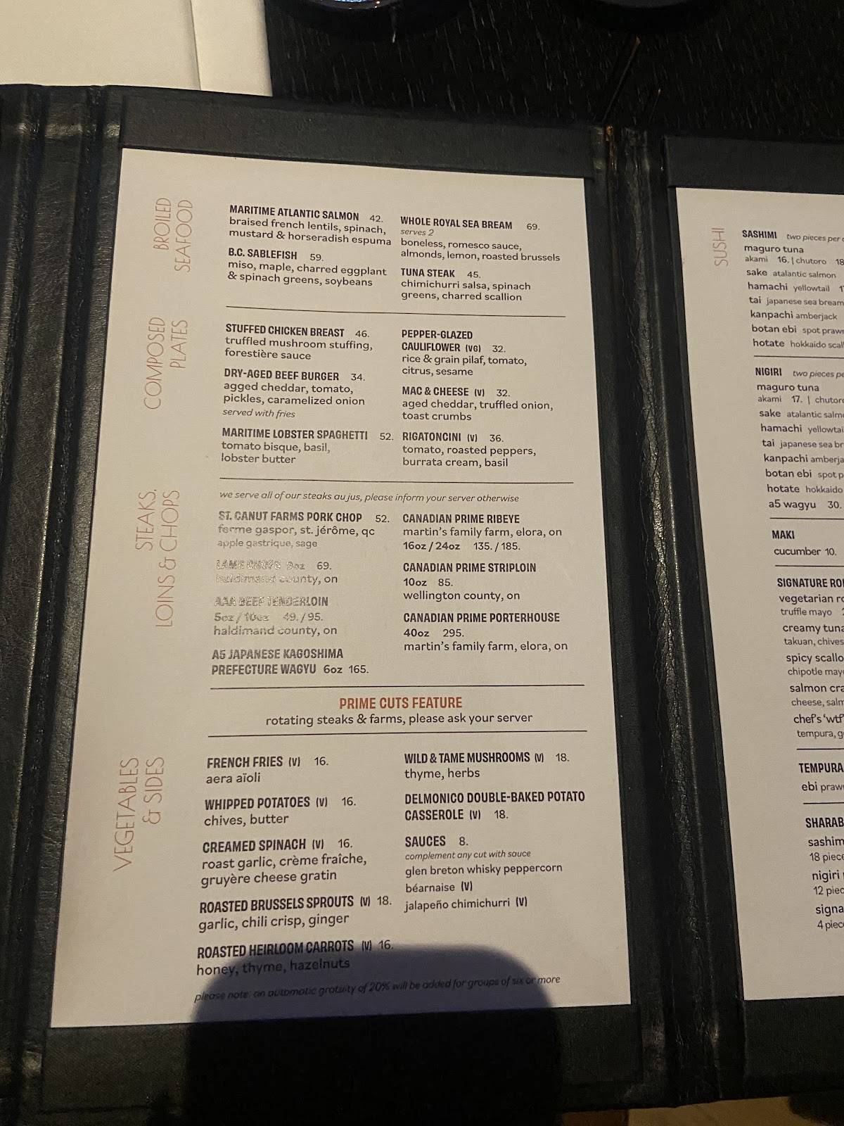 Menu at Aera restaurant, Toronto