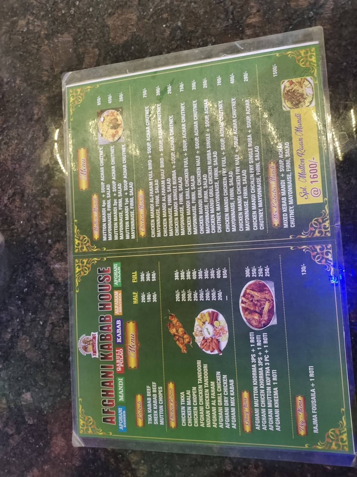 Menu at Afghani Kabab House, Hyderabad