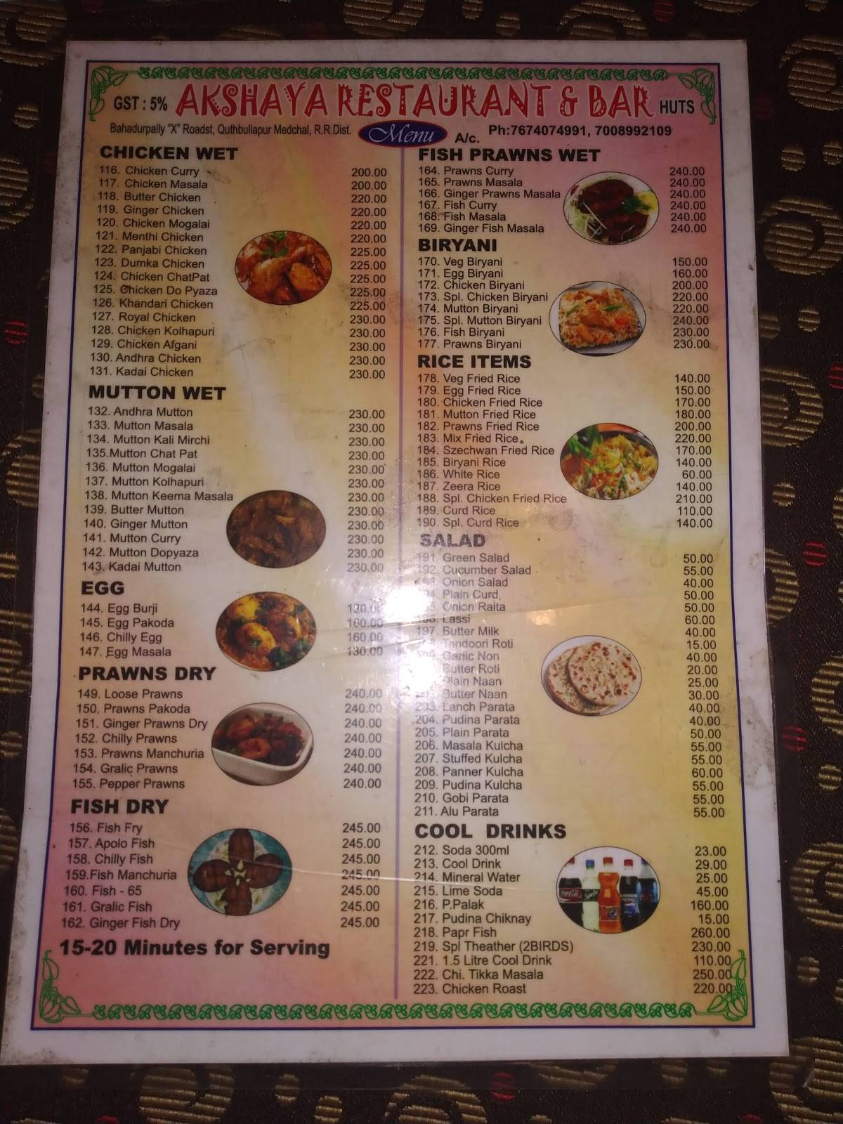 Menu at Akshaya Restaurant And Bar, Hyderabad, GCXM+X3V