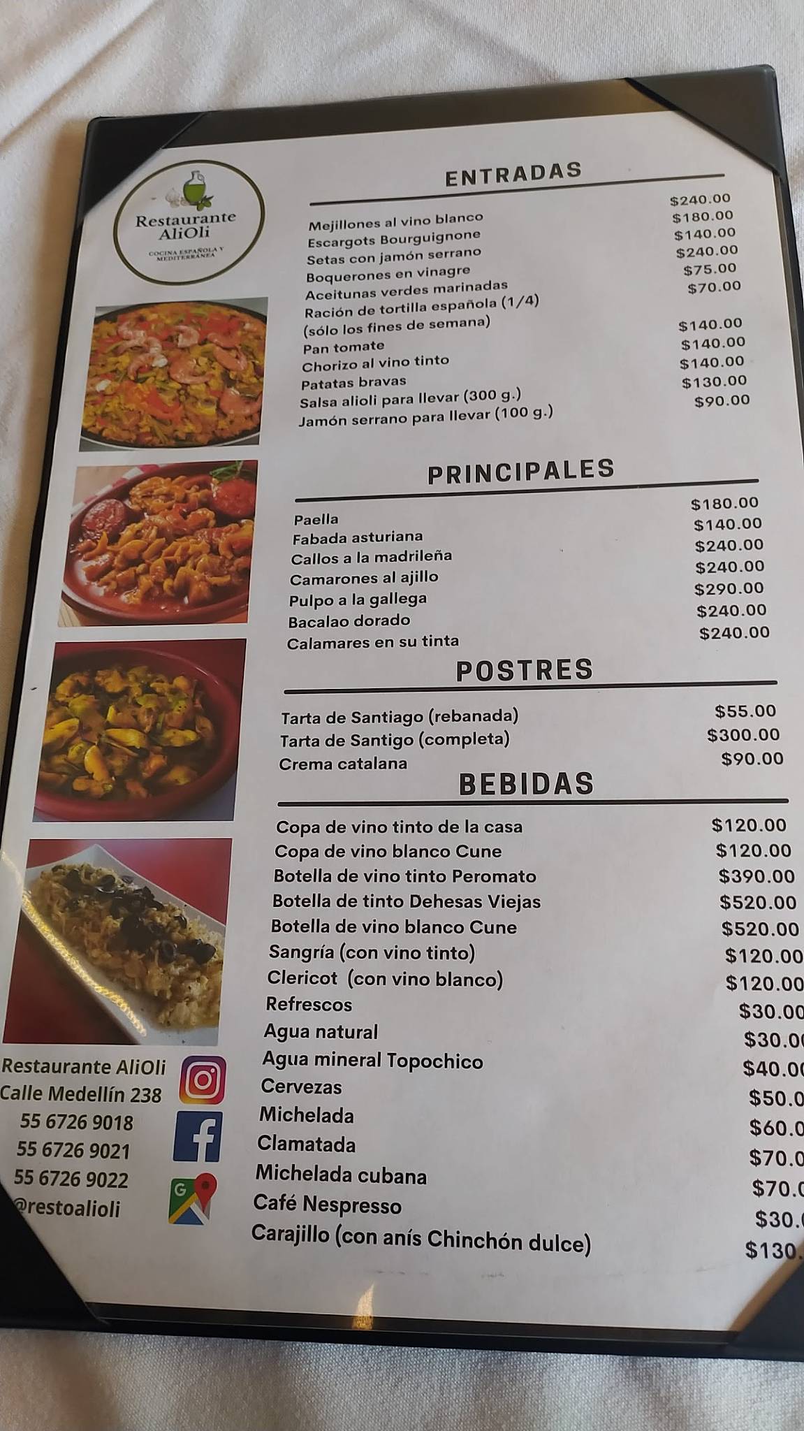 Carta de Restaurante AliOli, Ciudad de México, Medellín 238