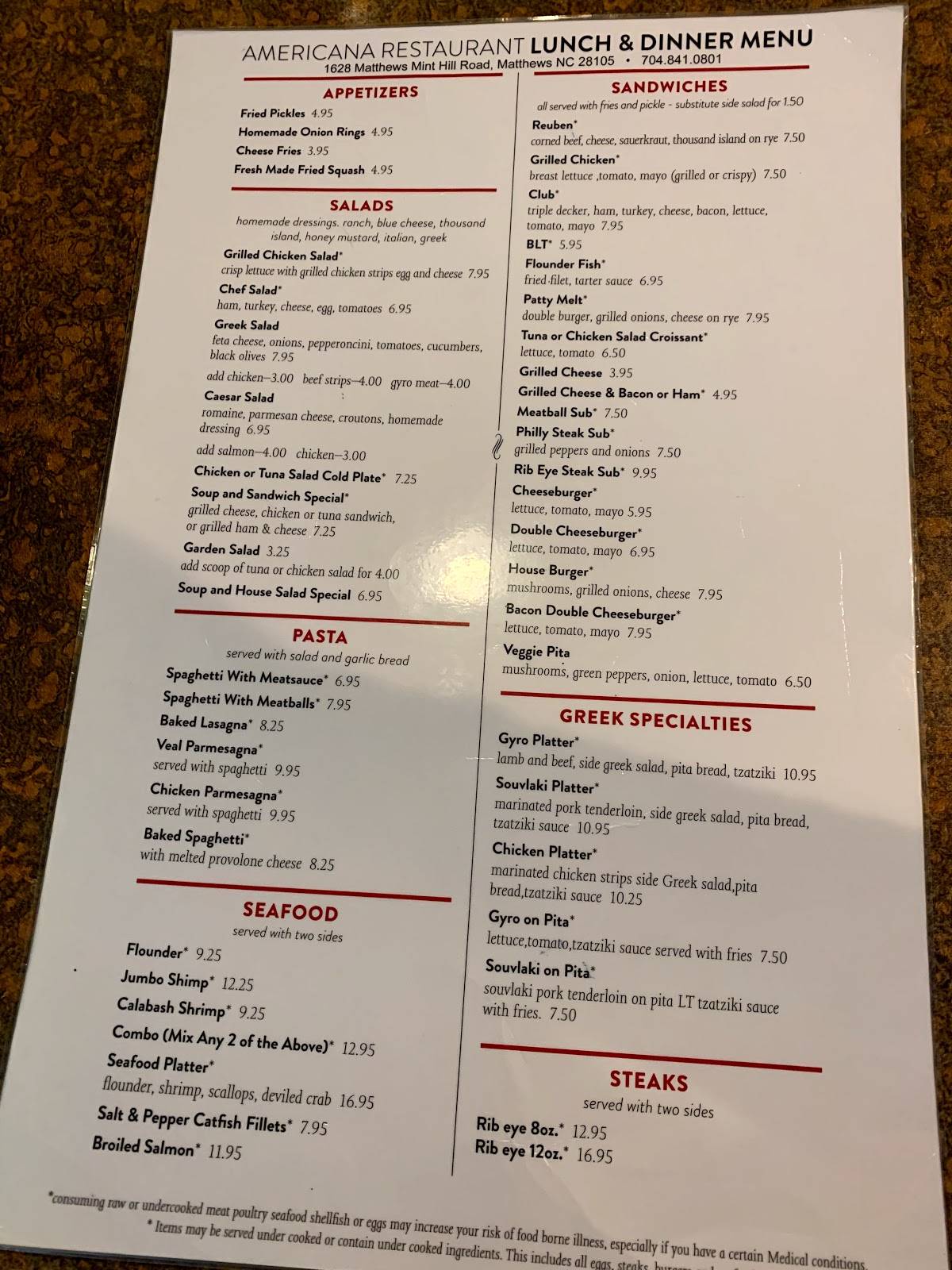 Menu at Americana Restaurant, Matthews, Matthews-Mint Hill Rd