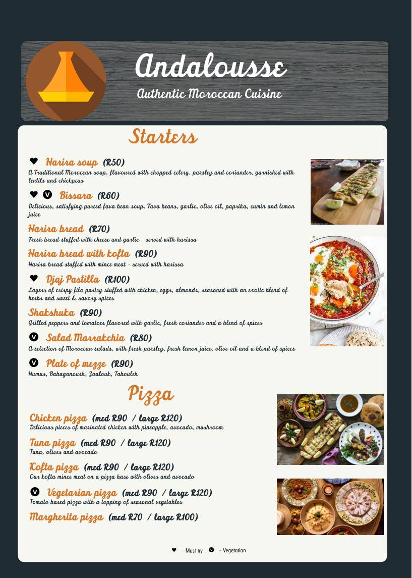 Menu at Andalousse Moroccan Restaurant, Cape Town, 174 Main Rd
