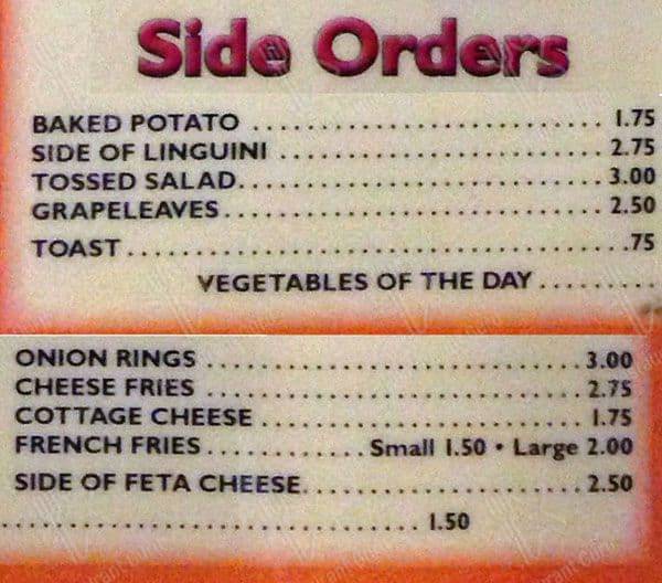 Menu at Andonios Diner restaurant, Philadelphia