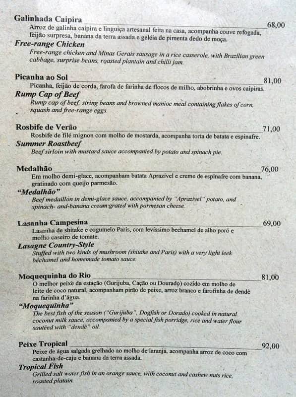 Menu em Aprazível restaurante, Rio de Janeiro