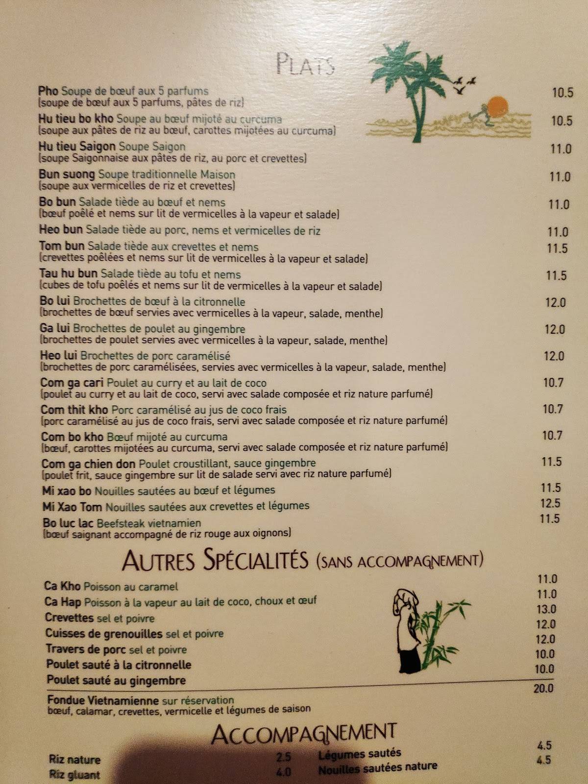 Menu au Au Soleil du Vietnam restaurant, Saint-Ouen