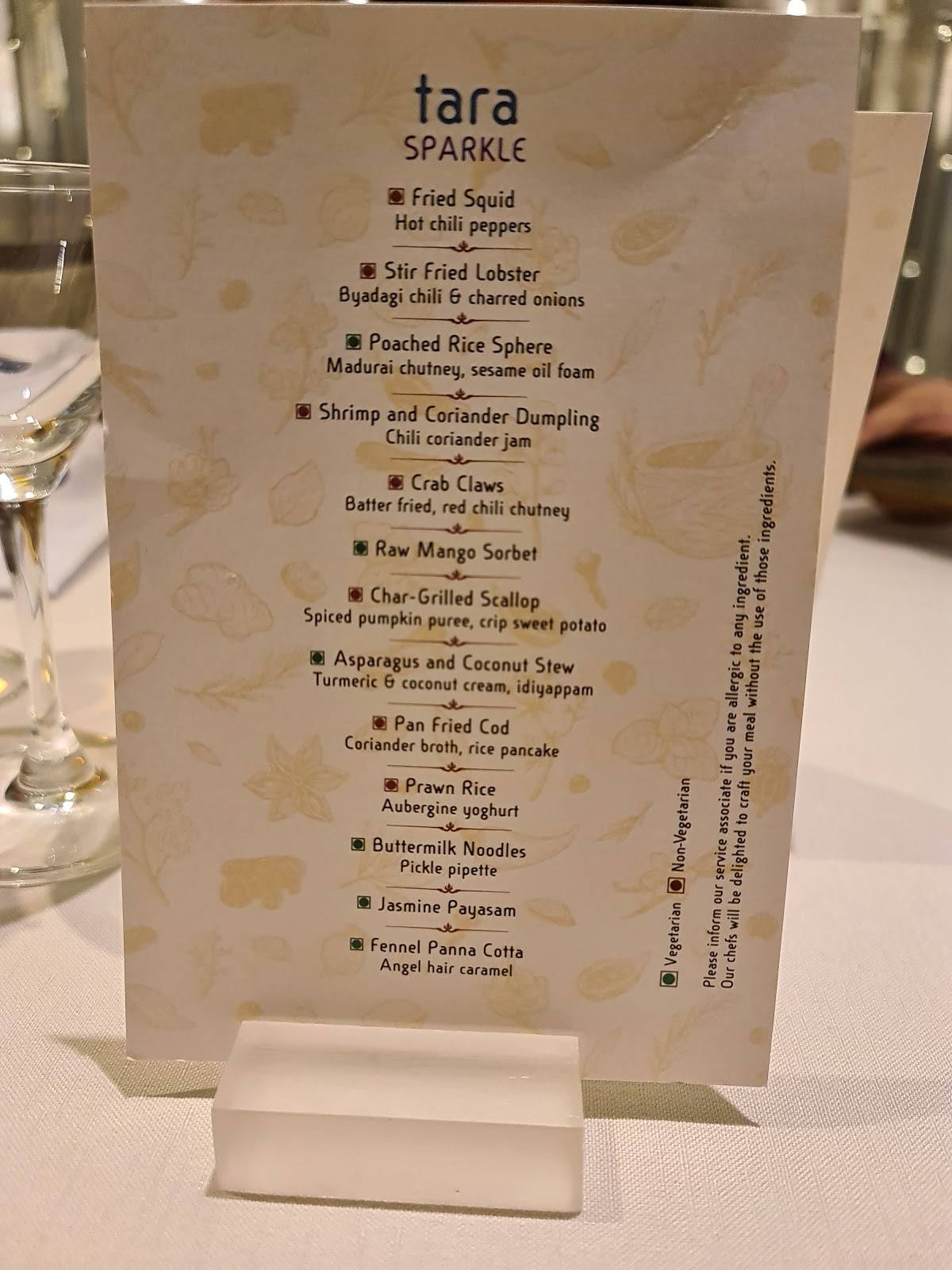 Menu at Avartana, Chennai