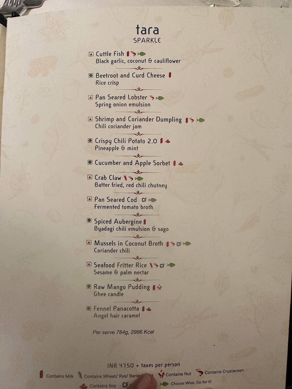 Menu at Avartana, Chennai