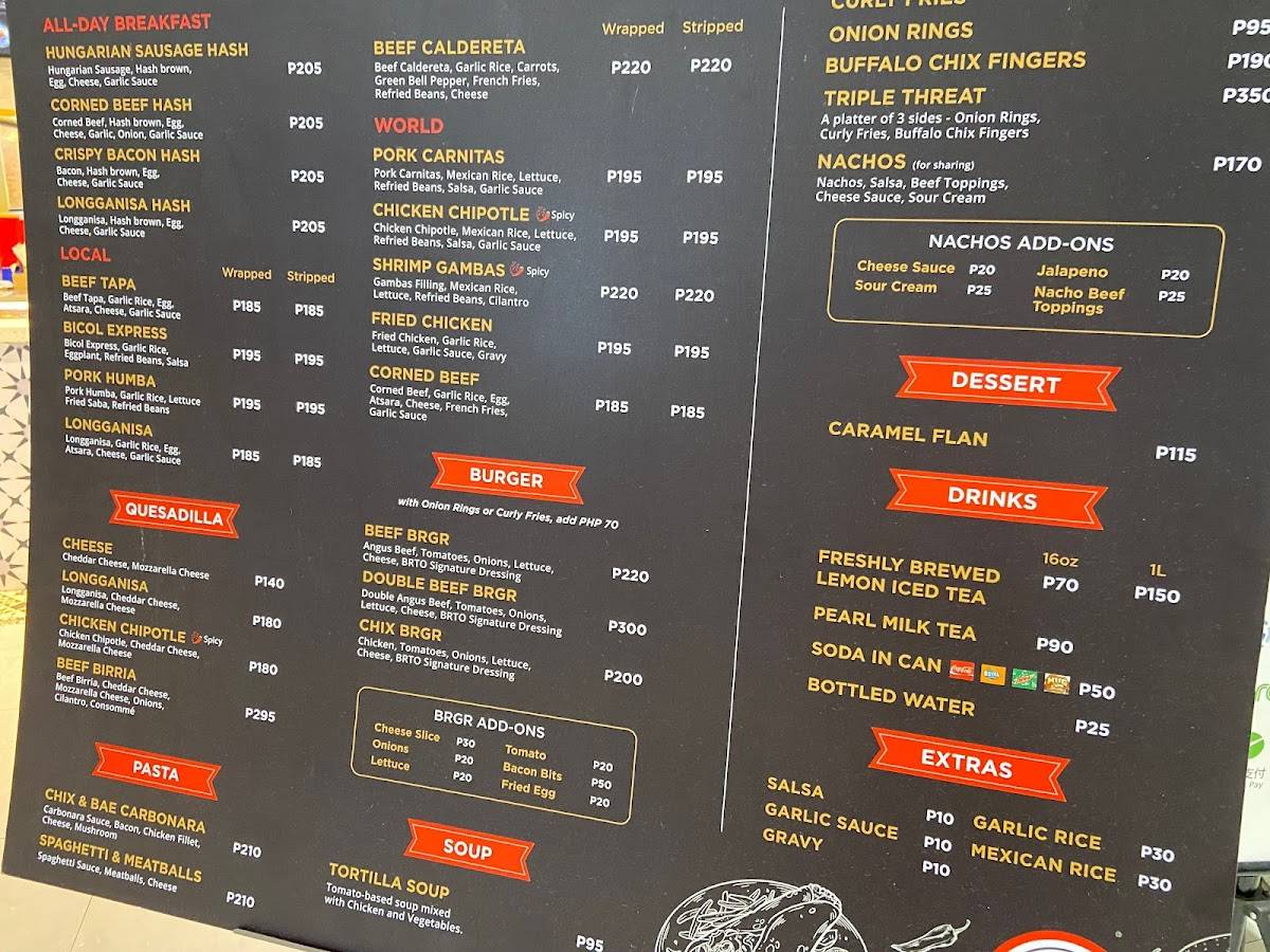 Menu at BRTO restaurant, Quezon City