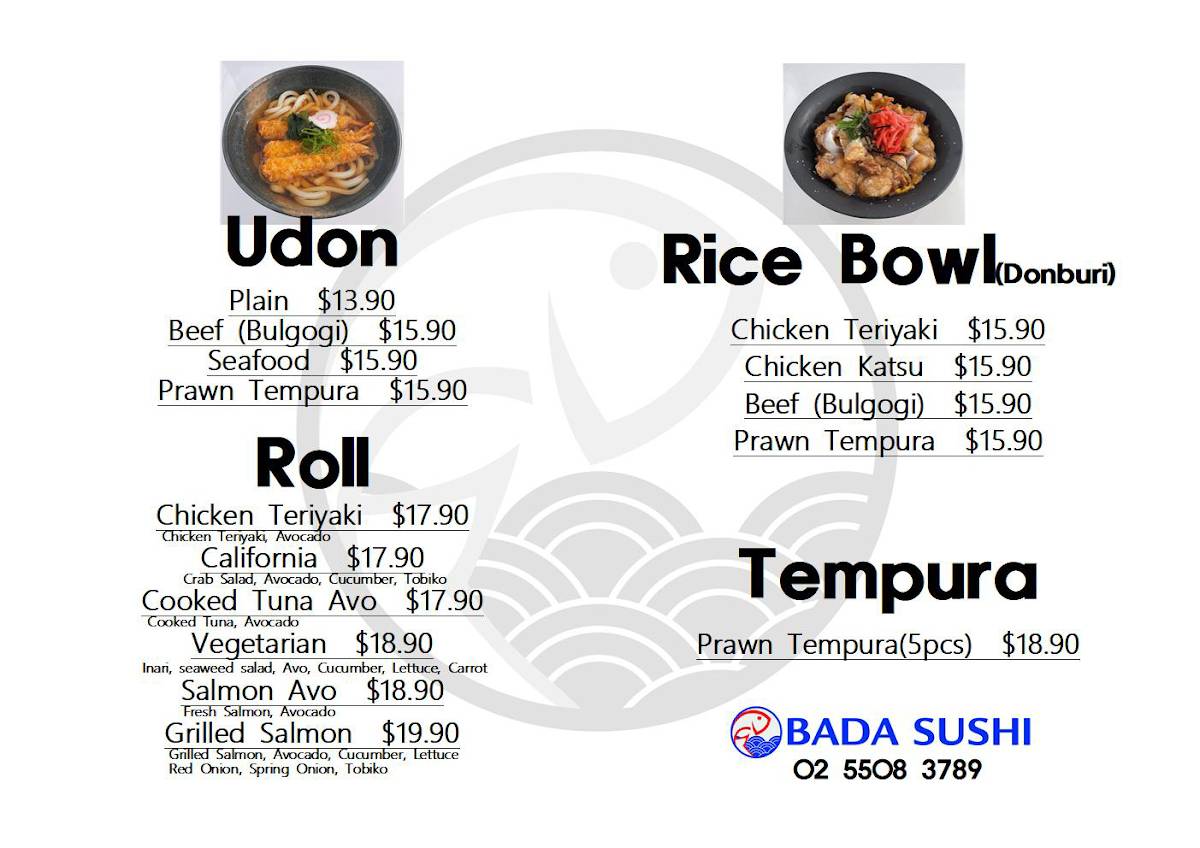 Menu at Bada Sushi restaurant, Port Macquarie