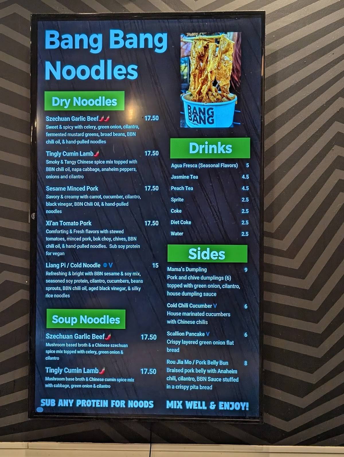 Menu at Bang Bang Noodles restaurant, Culver City