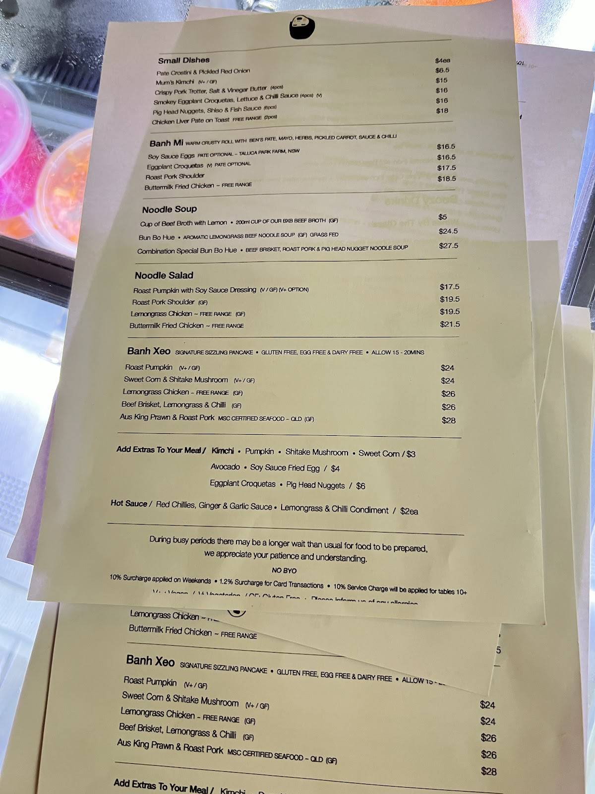 Menu at Banh Xeo Bar, Rosebery, 11/61-71 Mentmore Ave