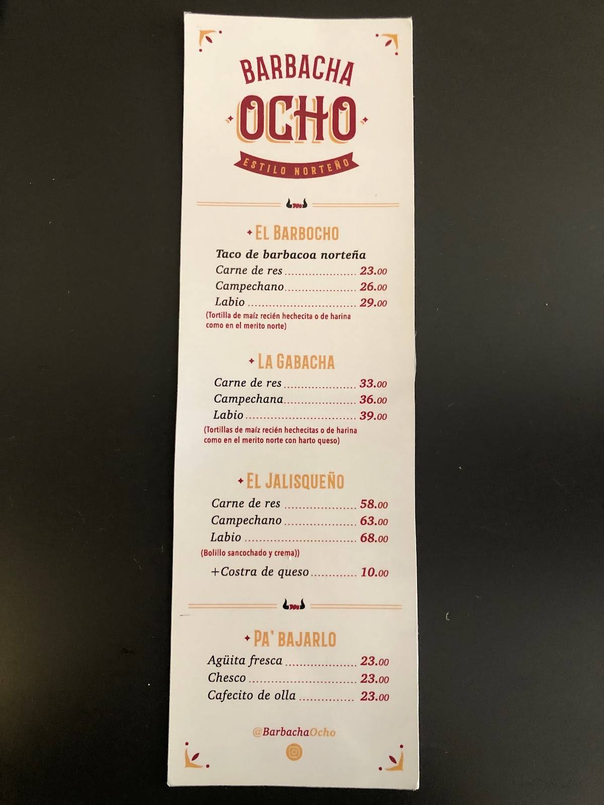Menu at Barbacha Ocho, Guadalajara
