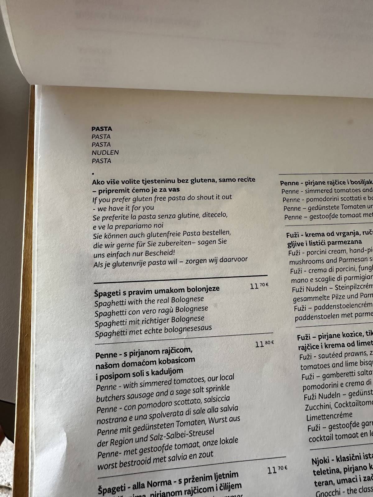Menu at Basilico Pizza Pasta restaurant, Rovinj, Monsena 2