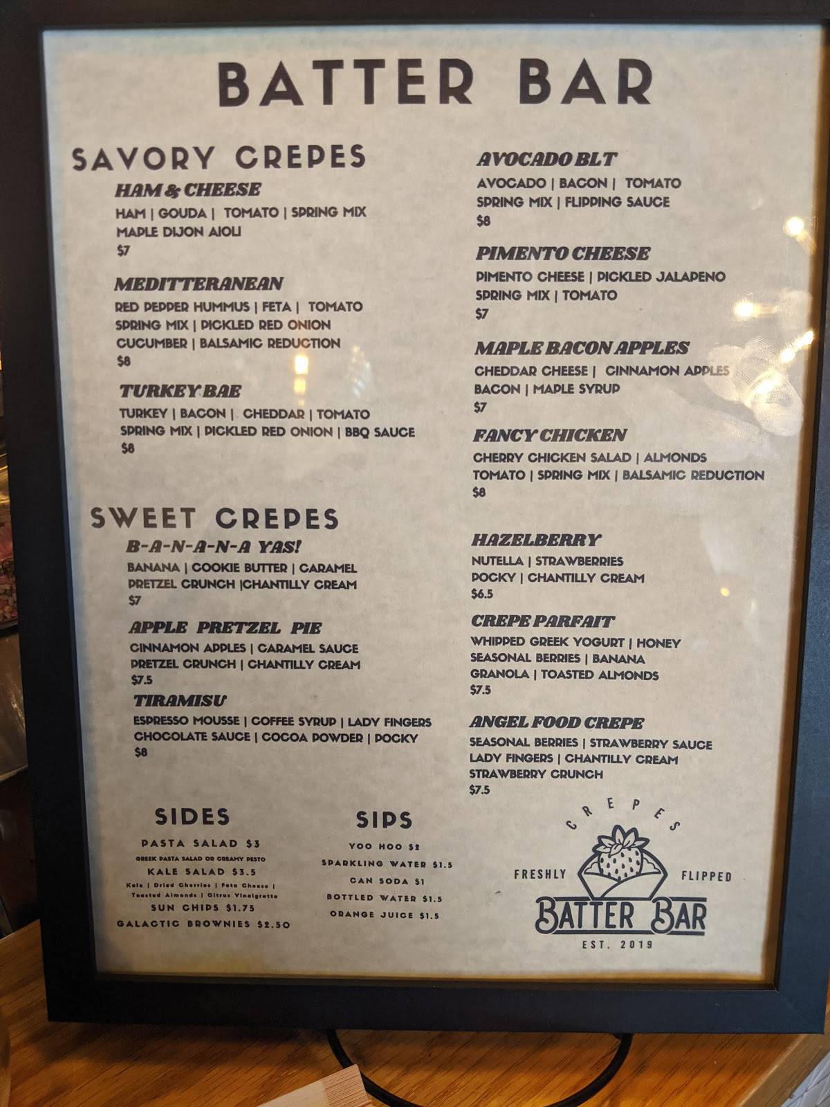 Menu at Batter Bar, Lynchburg, Main St