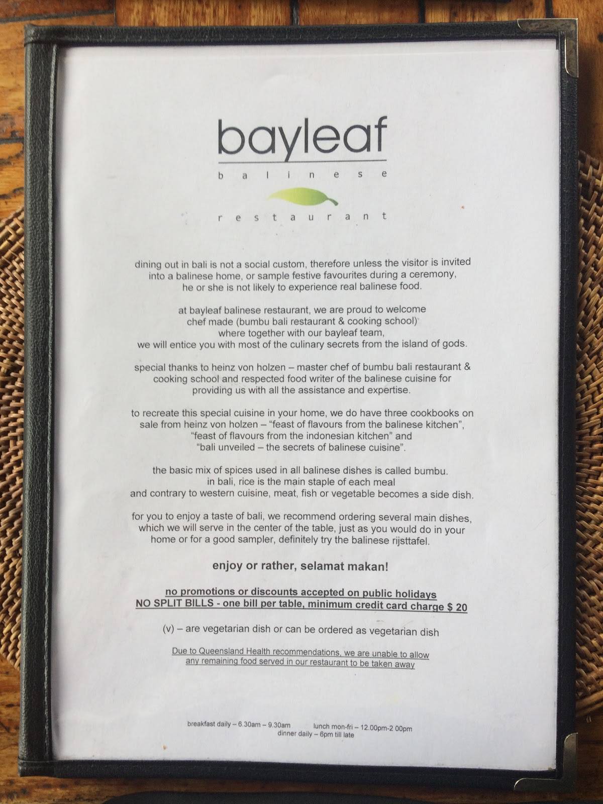 Menu at Bayleaf Balinese Restaurant, Cairns