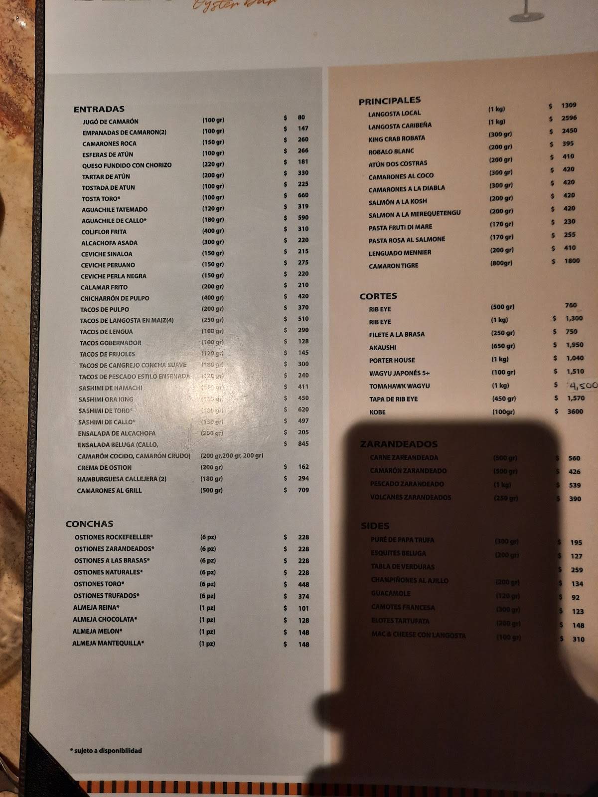 Carta del restaurante Beluga, Monterrey