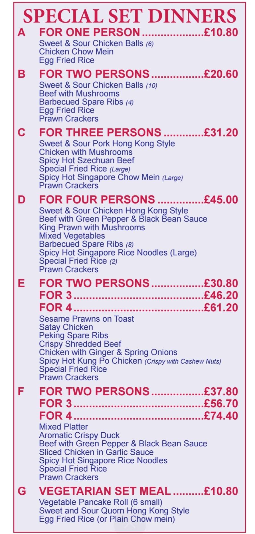 Menu at Benfleet Chinese Takeaway restaurant, South Benfleet