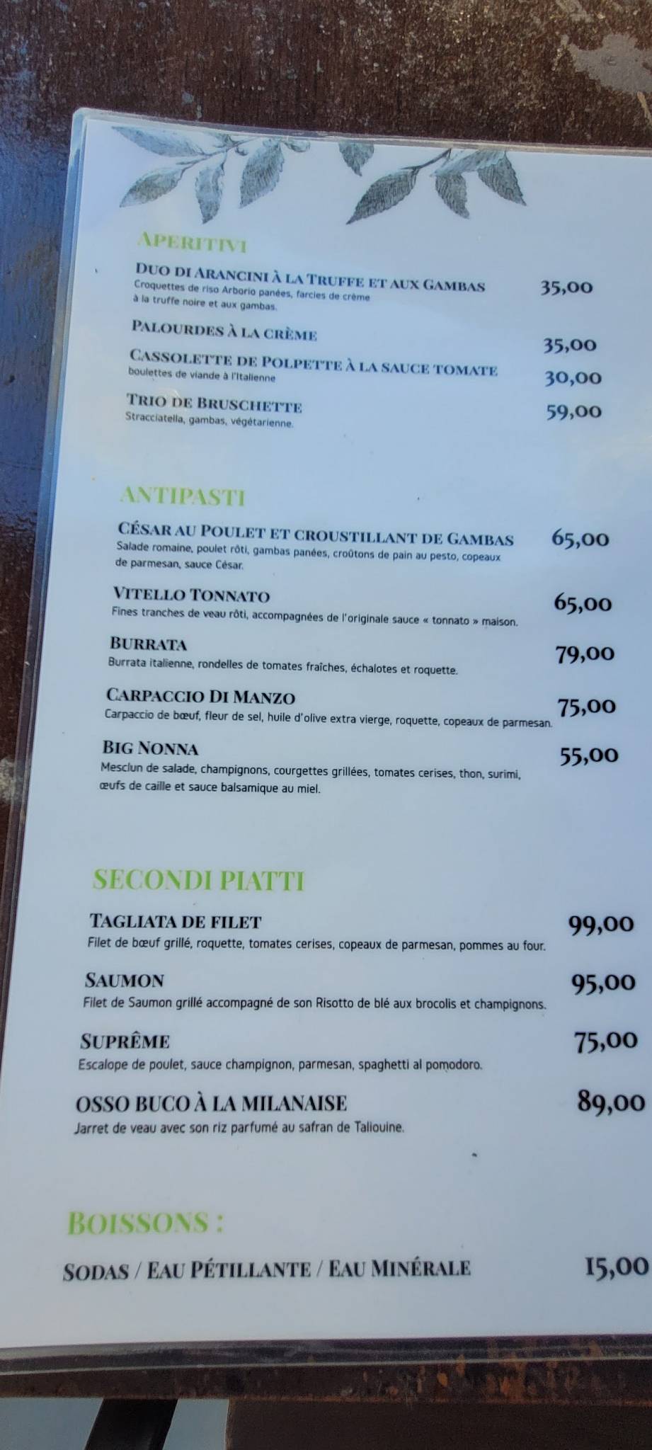 Menu at Big Nonna restaurant, Casablanca