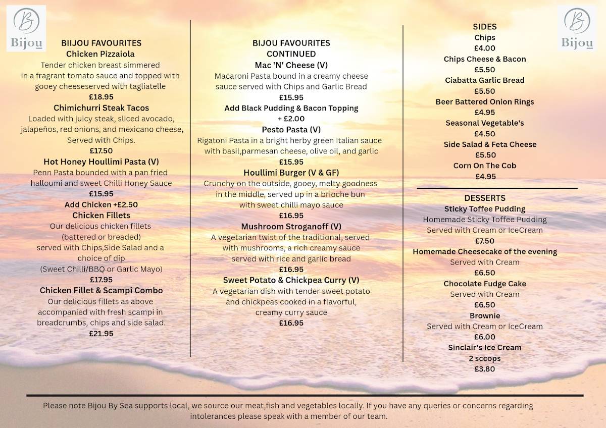 Menu at Bijou by the Sea restaurant, Buckie